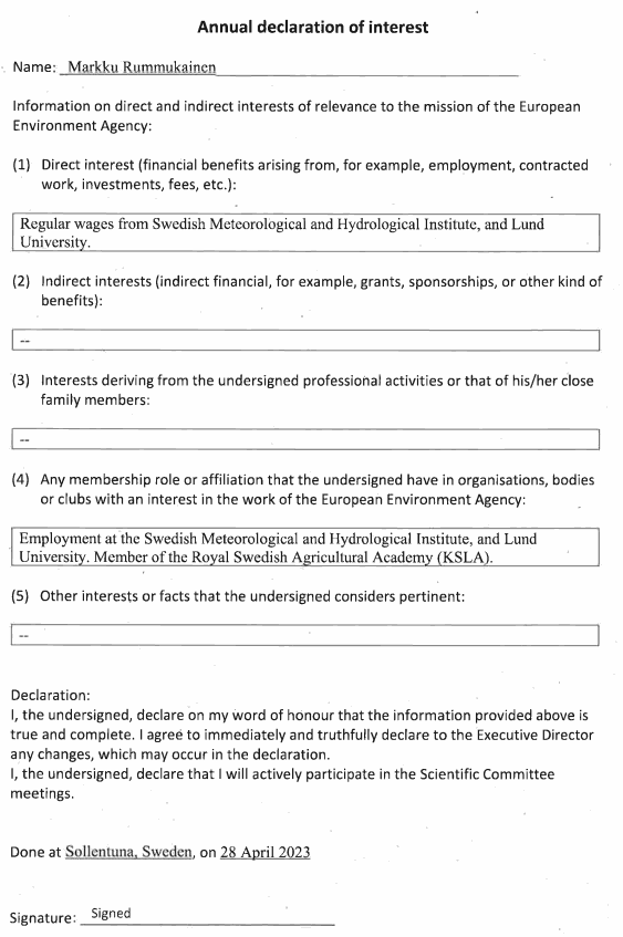 Annual declaration of interest Markku Rummukainen, 2023